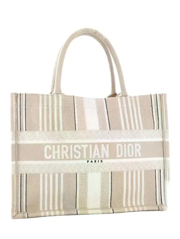 Dior Bayadere Stripe Embroidered Canvas Medium Tote Bag - Neutrals