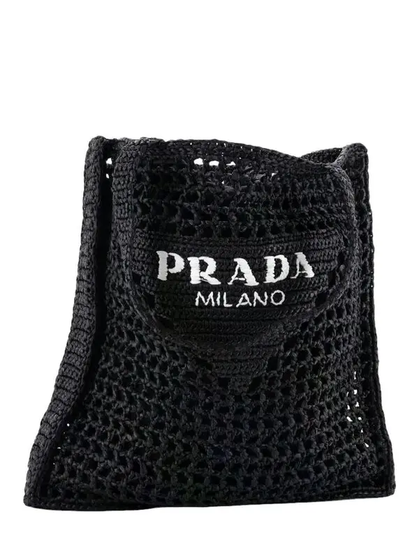 Prada Triangle Logo Open Raffia Tote Bag - Black