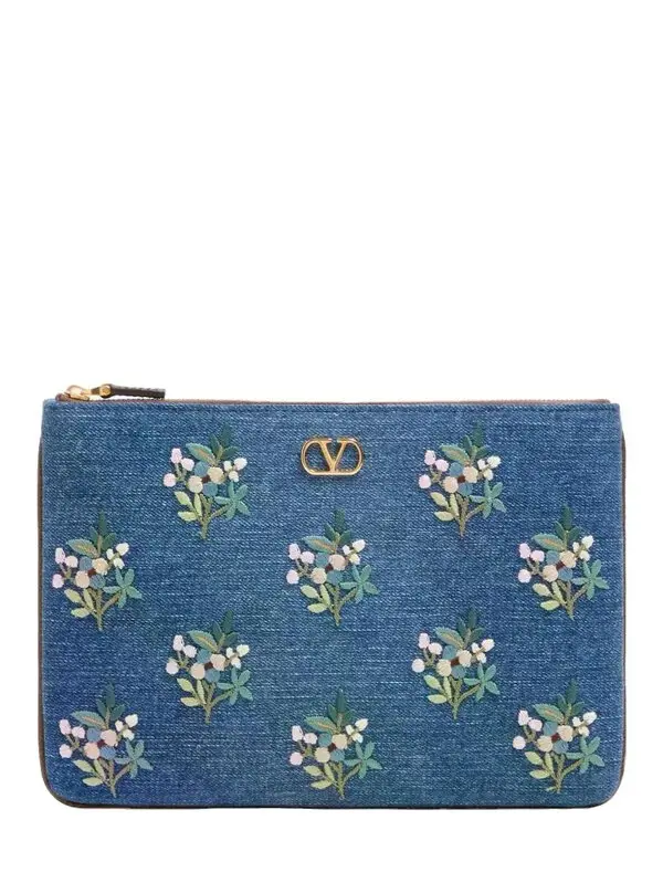 Valentino Garavani Vlogo Signature Floral Embroidered Clutch - Blue
