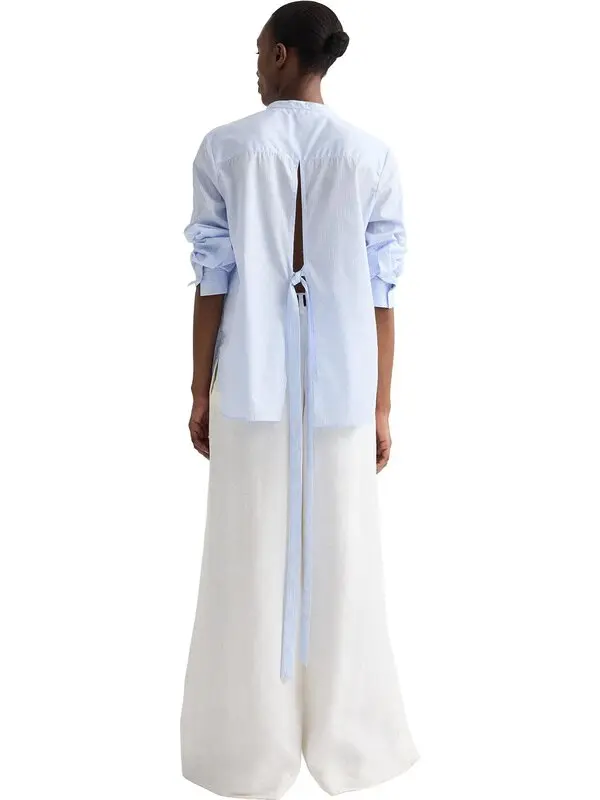 TWP Striped Twill Shirt With Tie Detail - Blue Haven / White