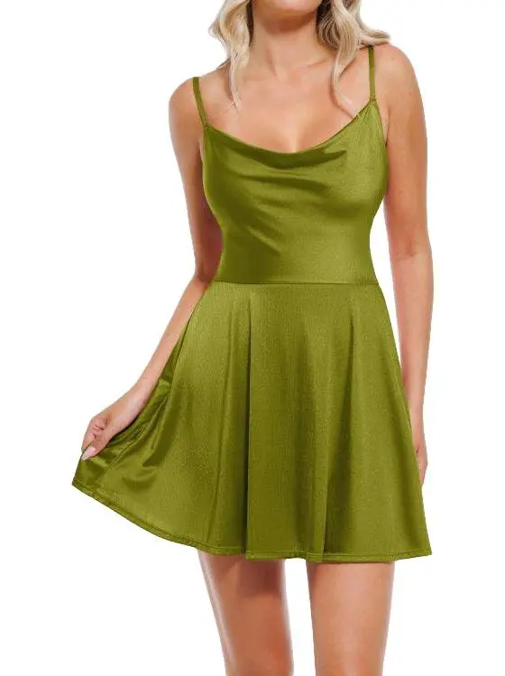 POPILUSH Cowl Neck Flare Mini Dress - Metallic Olive