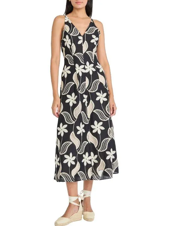 Maggy London Embroidered Cotton Midi Dress - Black/cream