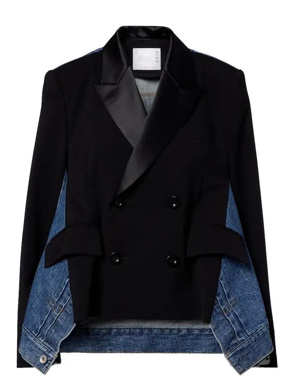 Sacai Double-breasted Denim And Wool Jacket - Black