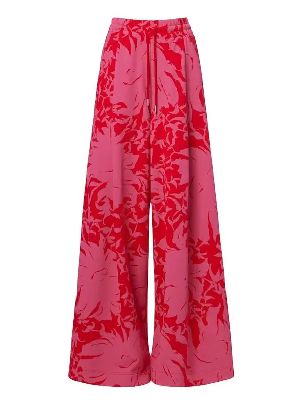Dries Van Noten Floral Pleated Cotton Jersey Wide Leg Sweatpants - Red