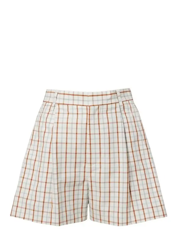 Victoria Beckham Checked Pleated Cotton Shorts - Beige