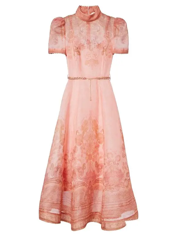 Zimmermann Belted Paisley Linen And Silk Midi Dress - Pink
