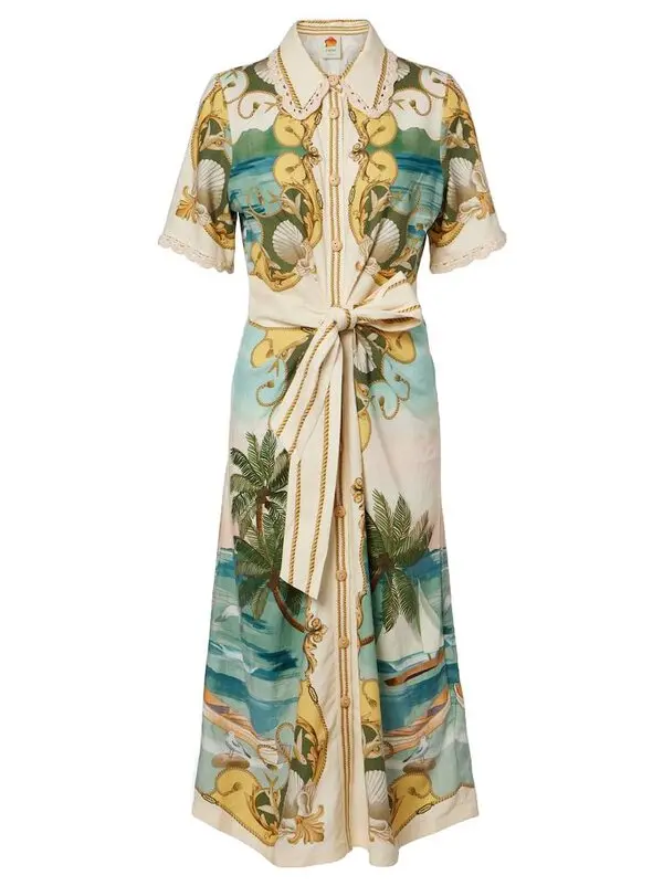 Farm Rio Royal Sea Printed Linen-blend Shirt Dress - Multicoloured