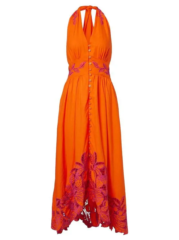 Farm Rio Broderie Anglaise Linen-blend Halterneck Midi Dress - Orange