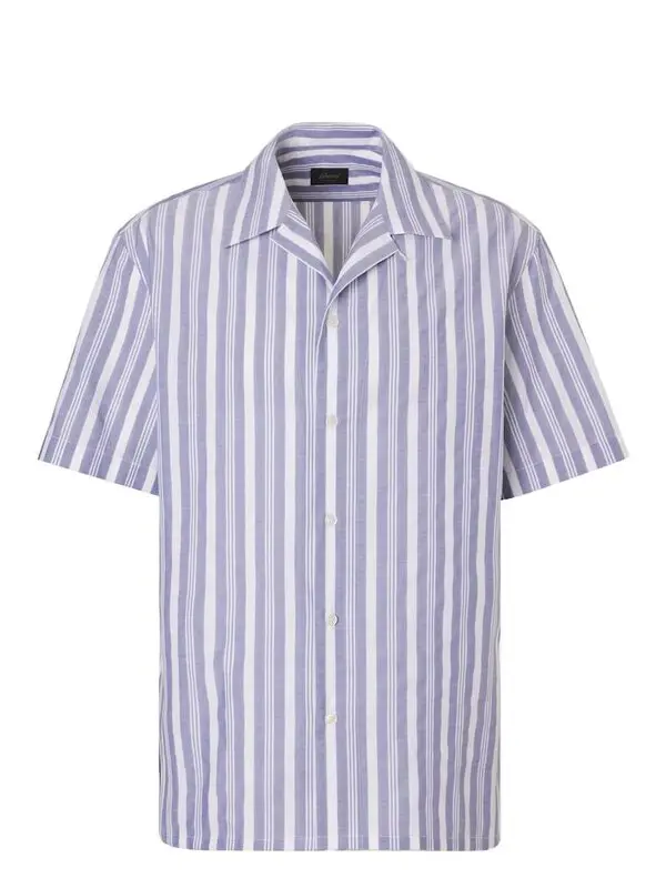 Brioni Striped Cotton Poplin Bowling Shirt - Blue