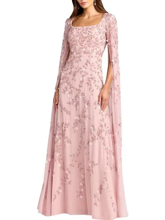 Mac Duggal Embellished Cape Sleeve A-line Mesh Maxi Gown - Rose