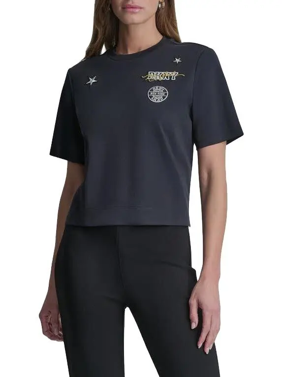 Dkny Pins & Patches Crop Cotton T-shirt - Navy