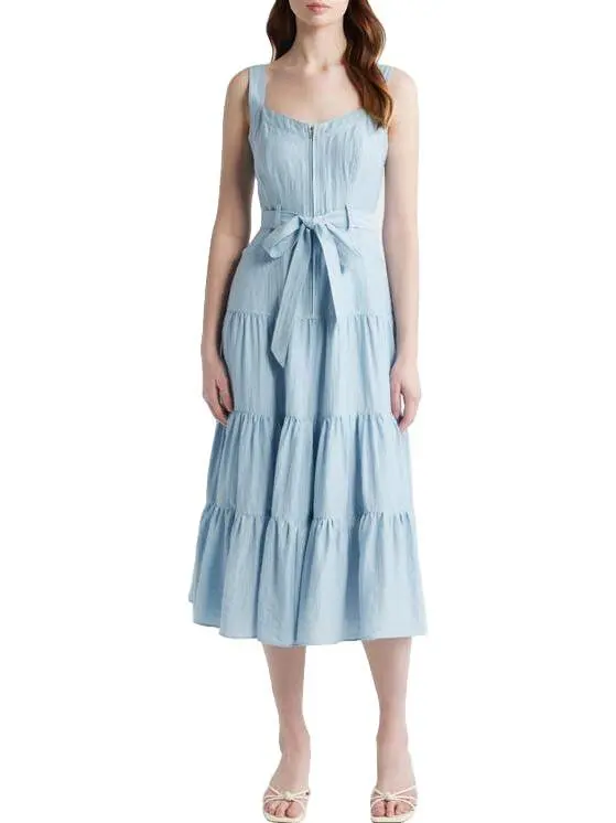 ZOE AND CLAIRE Tiered Sundress With Zip Front And Tie Belt - Light Blue