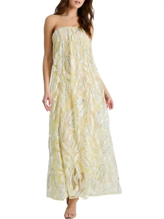 HELSI Margot Bead & Appliqué Strapless Mesh Gown - Soft Yellow/silver