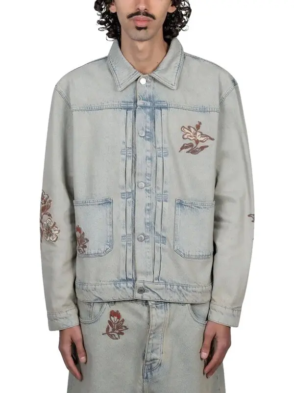Drole De Monsieur Brodée Fleurs Dusty Denim Jacket - Beige