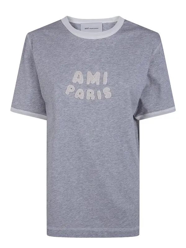 Ami Short Sleeve Classic Fit T-shirt With Knitted Patch - Gray