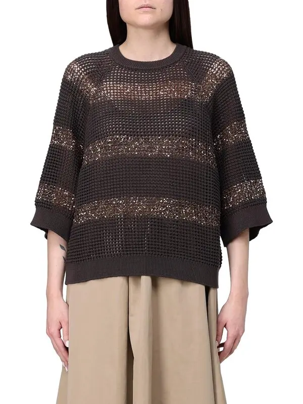 Brunello Cucinelli Sequined Striped Knit Sweater - Mud