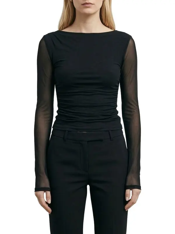 Patrizia Pepe Long Sleeve Sheer Mesh Top - Black