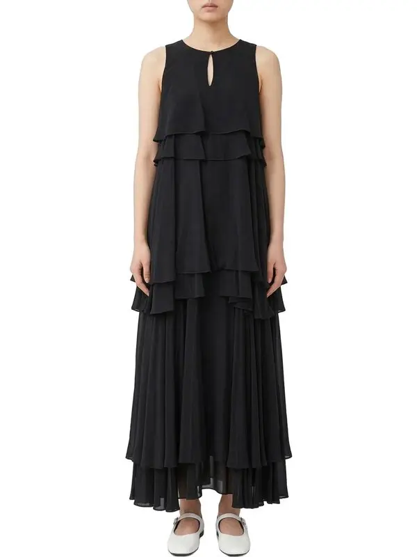 AMI Paris Silk Blend Maxi Dress With Ruffles And Embroidery - Black
