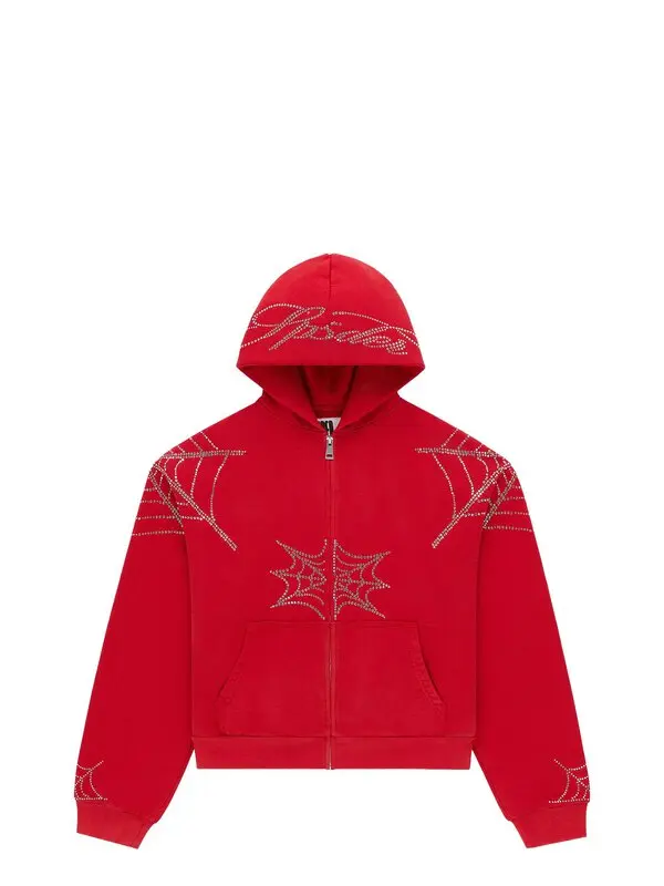 SP5DER Rhinestone Web Zip Up Hoodie - Red