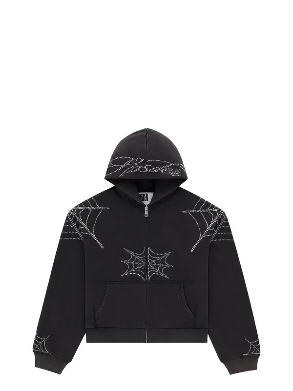 SP5DER Rhinestone Web Zip Hoodie - Black