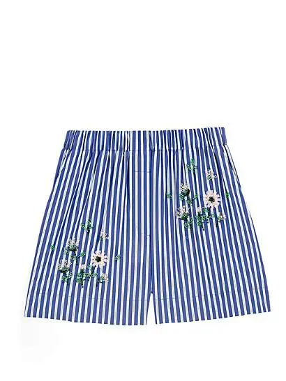 Maje Striped Floral-embroidered Cotton-blend Shorts - White/blue