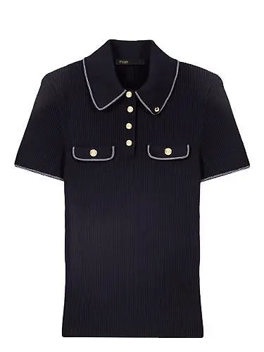 Maje Short-sleeved Ribbed Knitted Polo Shirt - Navy