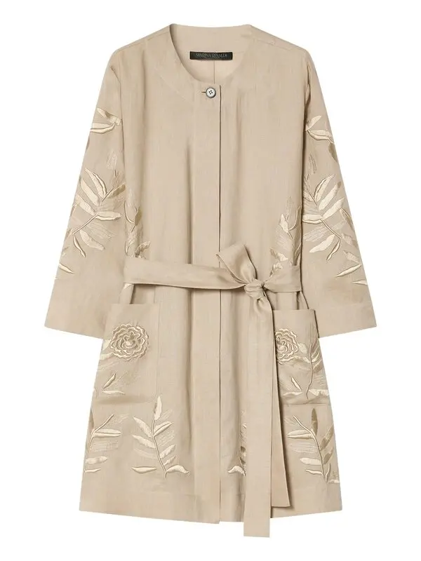 Marina Rinaldi Linen Embroidered Belted Jacket - Beige