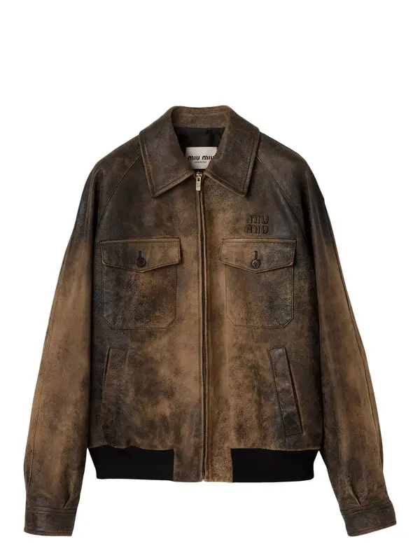 Miu Miu Distressed Leather Jacket - Black