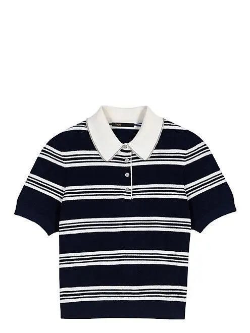 Maje Striped Rhinestone-trim Knitted Polo Shirt - Ecru/navy Blue