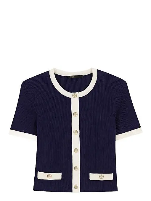 Maje Contrast-trim Short-sleeved Knitted Cardigan - Navy / Ecru