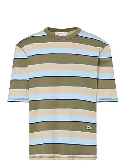 Ami Brand-patch Stripe-print Cotton-jersey T-shirt - Bleu/kaki/taupe/encre
