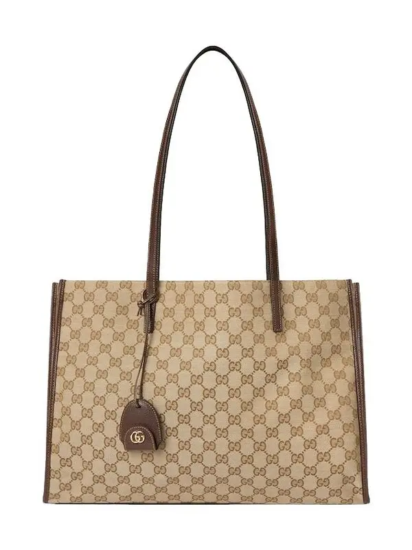 Gucci Large Tote Bag In Gg Canvas With Charm - Beige