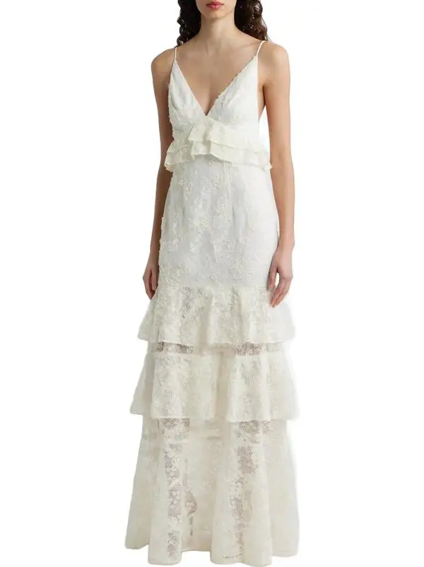 Black Halo Eris Floral Lace Tiered Gown - Cream