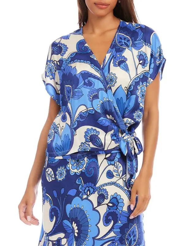 Karen Kane Satin Wrap Top - Blue Print