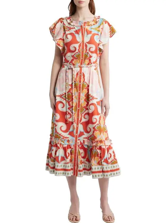 Love The Label Ella Braided Tie Belt Cotton Midi Dress - Rosetti Print