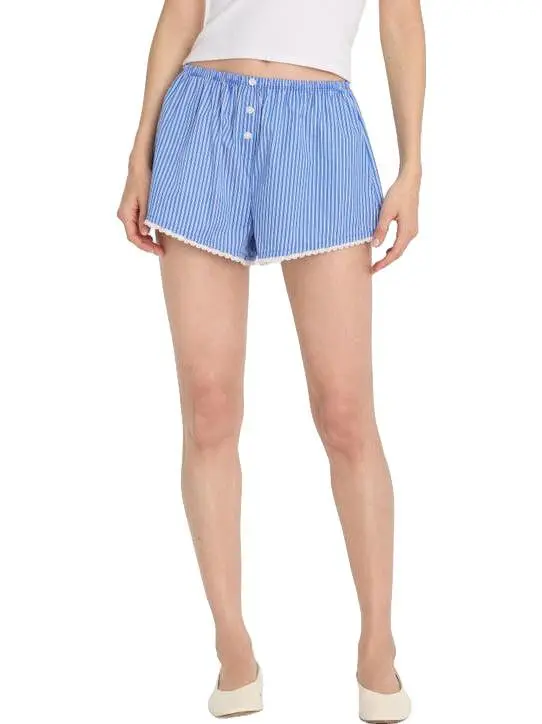 Good American Poplin Stripe Boxer Shorts With Lace Trim - Blue White Stripe