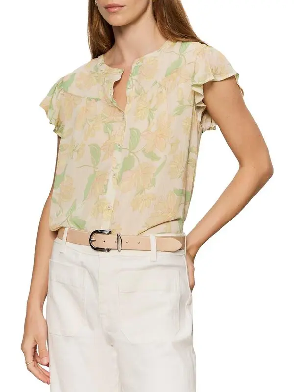 Sanctuary Floral Flutter-sleeve Button-up Shirt - Gentle Lily Yellow