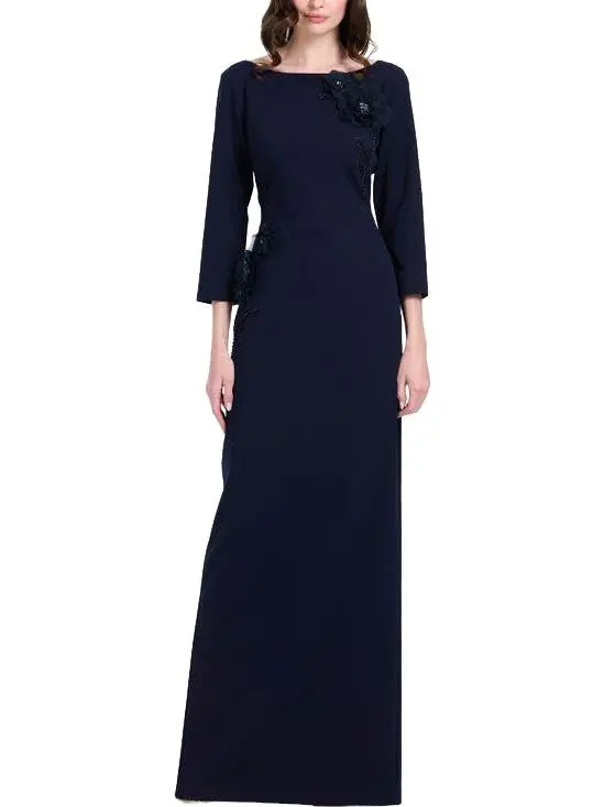 EMILY SHALANT Stretch Crepe Floral Appliqué Gown - Navy