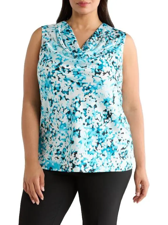 KASPER Floral Print Cowl Neck Top - Aqua Oasis Multi