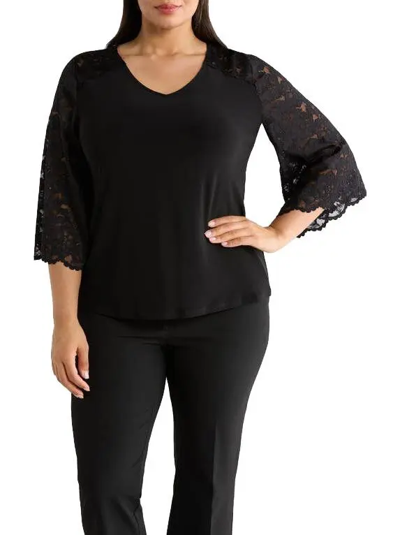 KASPER Lace Sleeve Knit Top - Black