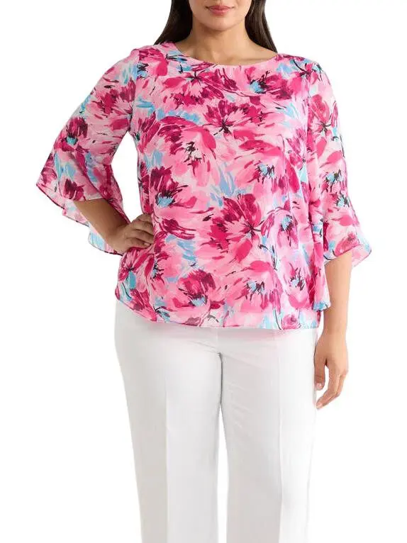 KASPER Floral Print Ruffle Top - Lily White Multi
