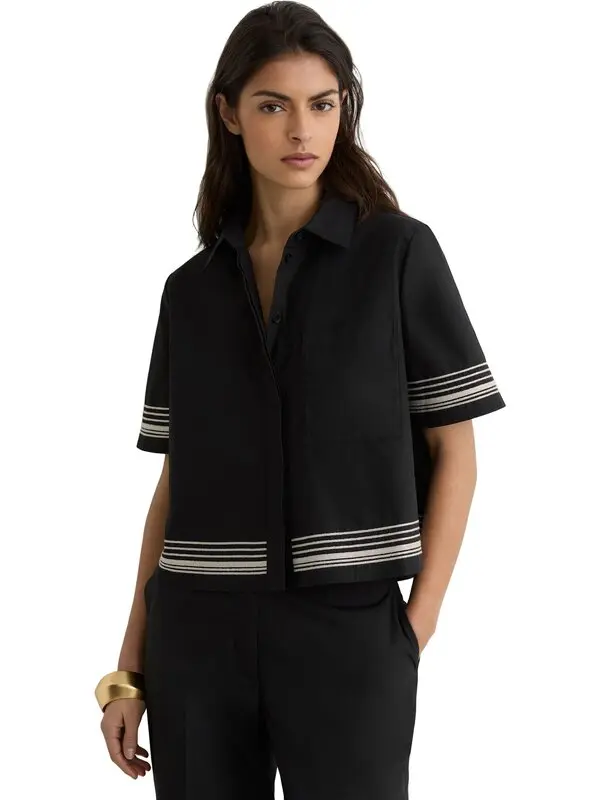 REISS Cotton Boxy Shirt With Embroidered Stripes - Black/ivory