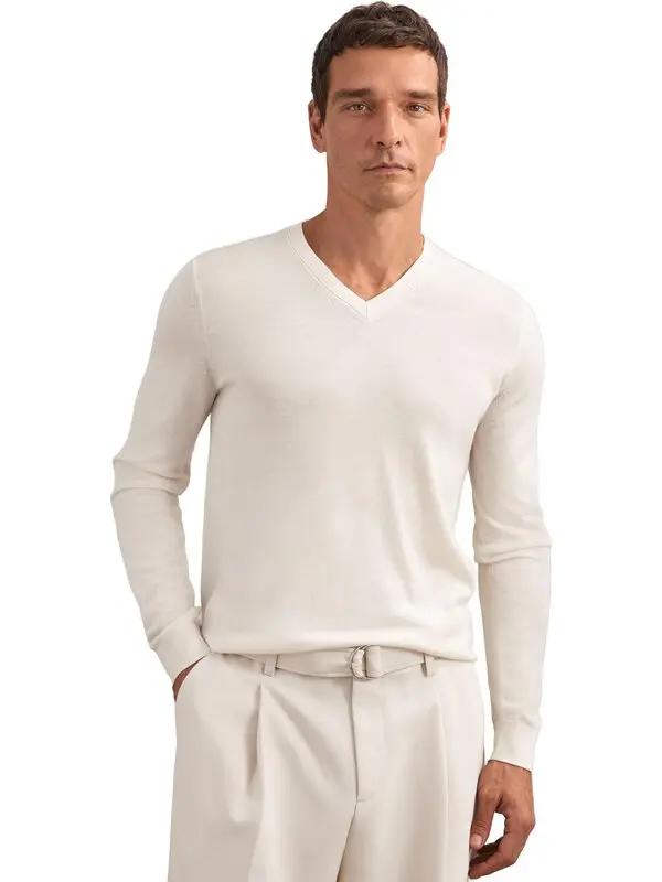 REISS Earl Merino Wool V-neck Jumper - White