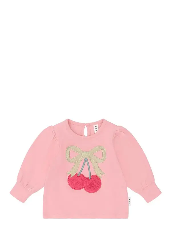 HUXBABY Cherry Bow Puff Sleeve Top - Dusty Pink