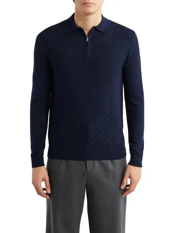 AURELIEN Basket Weave Stitch Long Sleeve Quarter Zip Polo Sweater - Navy