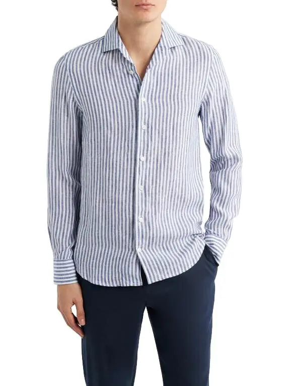 AURELIEN Seaside Linen Button-up Shirt - Navy Stripe