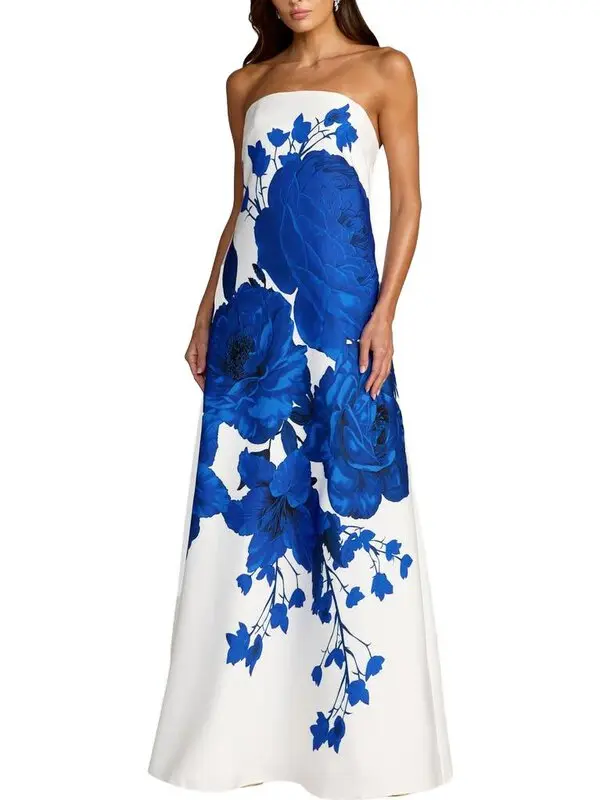 Mac Duggal Floral Printed Strapless Trapeze Gown - White Multi