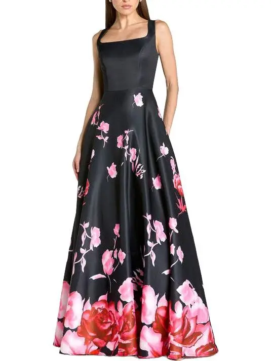 Mac Duggal Printed Satin Sleeveless Ballgown - Black Multi