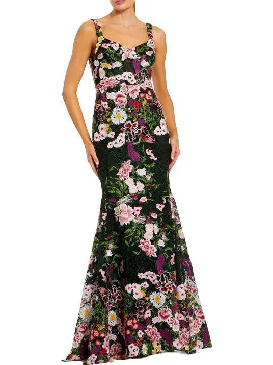 Mac Duggal Sleeveless Embroidered Mermaid Gown - Black Multi