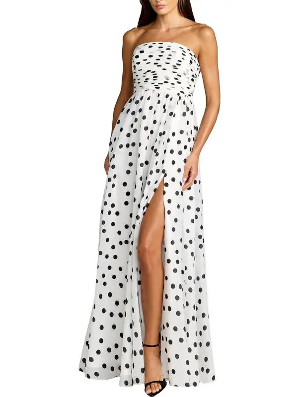 Mac Duggal Polka Dot Strapless Viscose Gown With Slit - Black Ivory